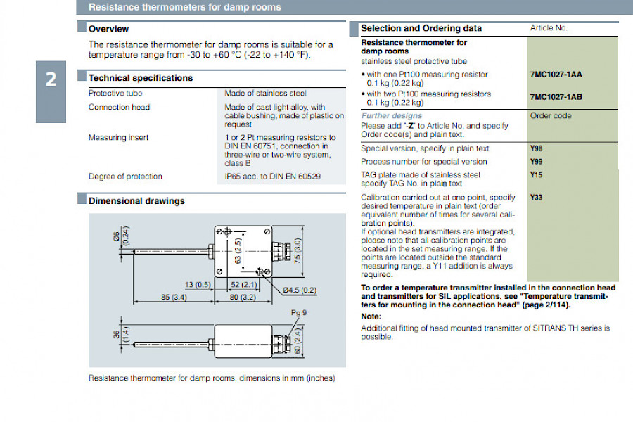 SIEMENS TEMPERATURE SENSOR 7MC1027-1AA-Z KOO | Laitetori.com